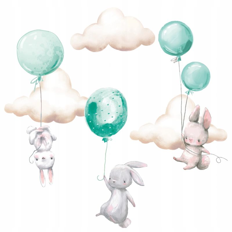 Wandtattoo - Hasen mit Luftballons und Wolken / Grün